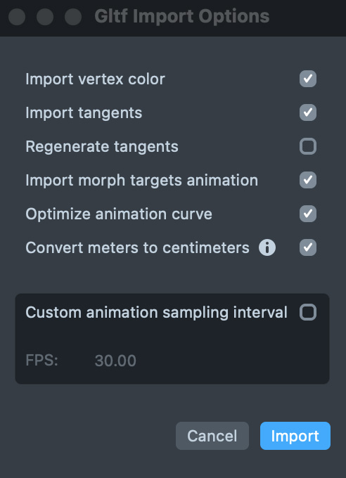 Once you add a glTF file to your project, you'll be presented with a panel of glTF Import ...